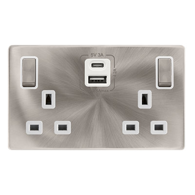 Brushed Steel Screwless Plate 2 Gang 13A DP Ingot Type A & C USB Twin ...
