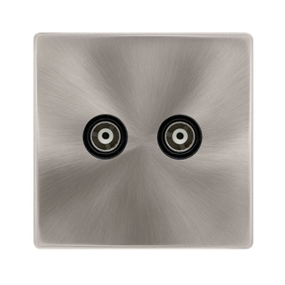 Brushed Steel Screwless Plate Twin Isolated Coaxial Socket - Black Trim ...