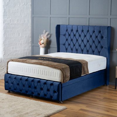 Bsspoke Blue Plush Ottoman Divan Bed with Orthopaedic Mattress 54inch ...