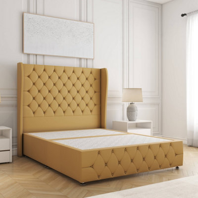 Bsspoke Faye Divan Bed Set Mustard Plush Velvet with 54inch Headboard & Footboard & No Mattress ...