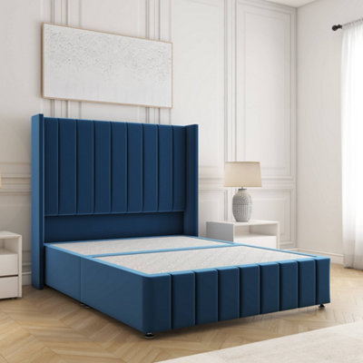 Bsspoke Luxury Divan Base Bed Blue Velvet 54inch Winged back Headboard ...
