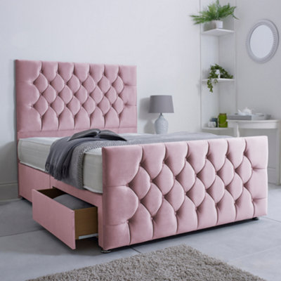 Bsspoke Maya 4ft6-Double Divan Bed Set Pink Plush Velvet With 2 Drawers Footend&Orthopaedic ...
