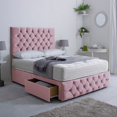 Bsspoke Upholstered Divan Bed Pink Plush Velvet 4 Drawers 10inch Memory ...