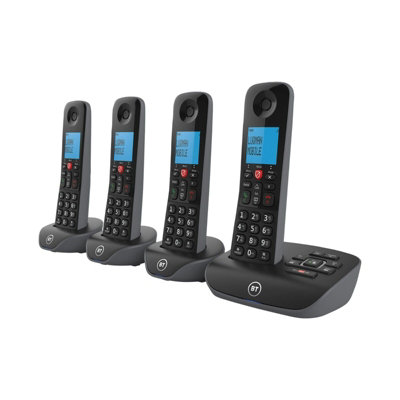 BT Essential 60848 Cordless Home Phone, Answering Machine, Black, Quad Pack