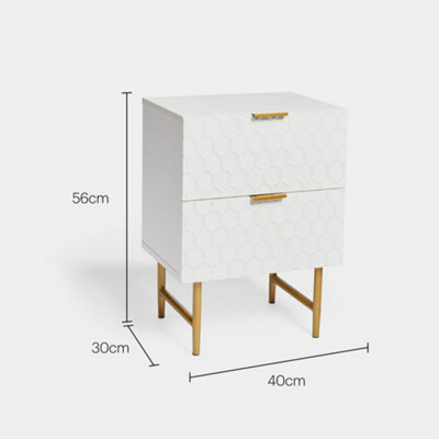 BTFY White Bedside Table 2 Drawer Nightstand Honeycomb Look Bedside Cabinet with Gold Legs Bed Side