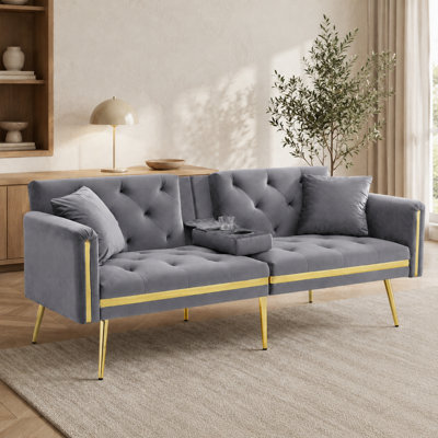BTM 2 seater sofa bed adjustable backrest gold accents cup holders ...