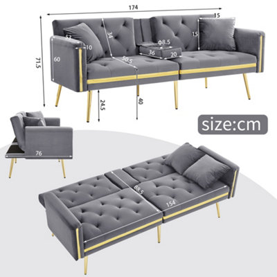 BTM 2 seater sofa bed adjustable backrest gold accents cup holders ...