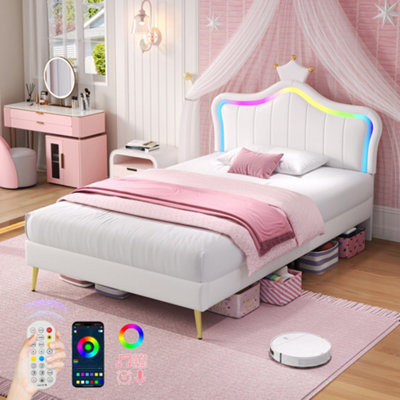 BTM 3ft Single PU Bed Cream White with LED Crown Headboard and Solid ...