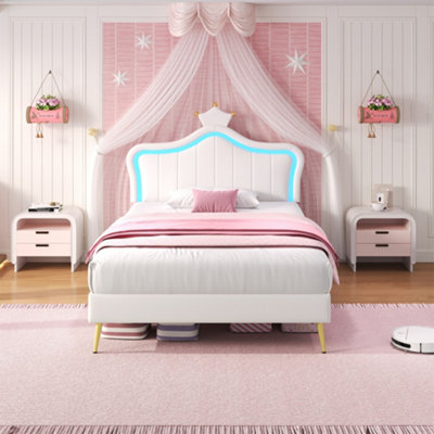 BTM 3ft Single PU Bed Cream White with LED Crown Headboard and Solid ...