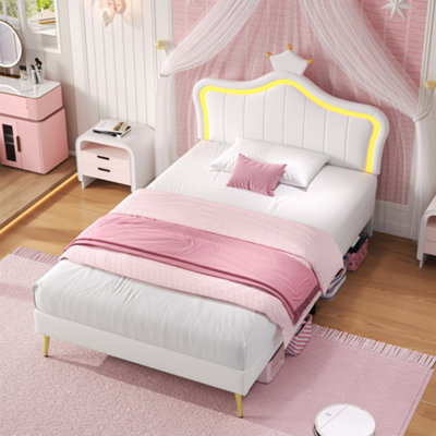 BTM 3ft Single PU Bed Cream White with LED Crown Headboard and Solid ...