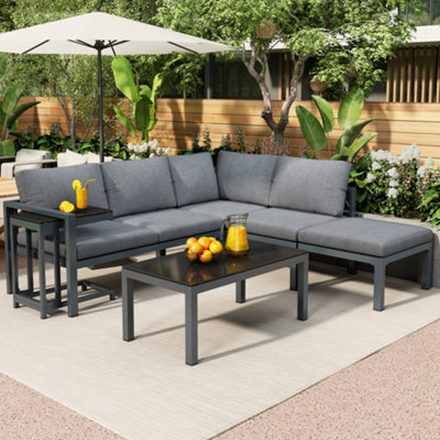 BTM 4-5 Seater Grey Garden Lounge Sofa Set, Corner Design with Side & Coffee Table, All-Weather ...