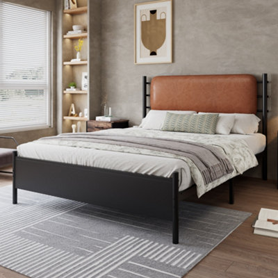 BTM 4ft6 Double Metal Bed with PU Upholstered Headboard Black Iron Bed ...