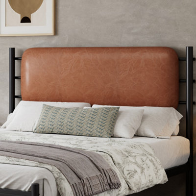 BTM 4ft6 Double Metal Bed with PU Upholstered Headboard Black Iron Bed ...