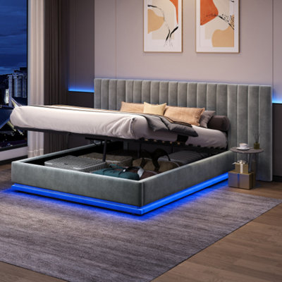 BTM 4ft6 Double Ottoman Bed LED Lighting, Velvet Upholstered, Hydraulic ...
