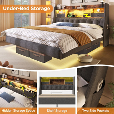 BTM 4ft6 Floating Double Bed with LED & USBToC Charging, Linen, Grey