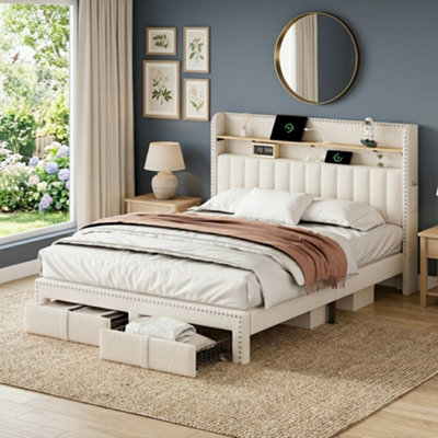 BTM 4ft6 Linen Double Bed with 2 Drawers, Riveted Frame, USB Charging ...