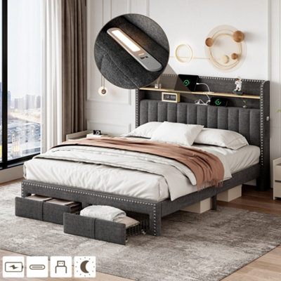 BTM 4ft6 Linen Double Bed with 2 Drawers, Riveted Frame, USB Charging ...