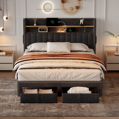 BTM 4ft6 Linen Double Bed with Two Drawers Riveted Frame USB Charging ...