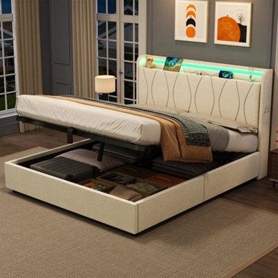 BTM 4ft6 Linen Storage Bed, Hydraulic Lift Bed Frame with LED Headboard ...