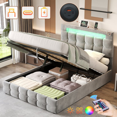 BTM 4ft6 Velvet Ottoman Bed with Hydraulic Storage, LED Headboard ...