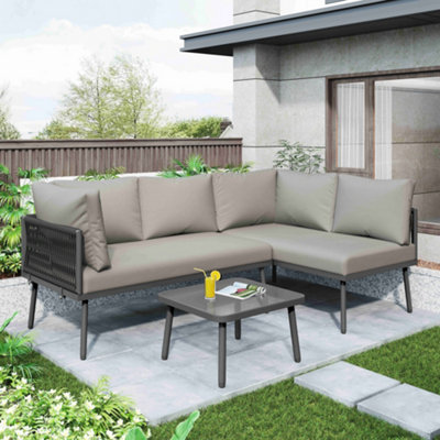 BTM 5 Seater Outdoor Garden Lounge SetSpaceSaving LShaped Corner Sofa with Glass Coffee Table (Grey)