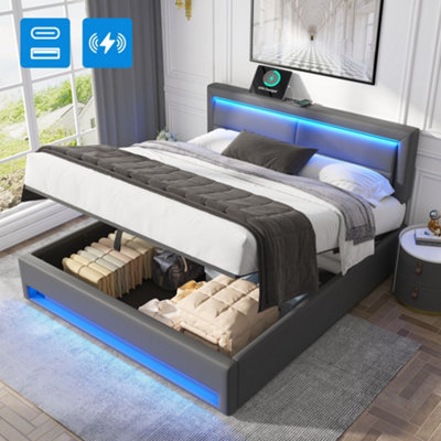 BTM 6FT SUPER KING PU BED GREY 180X200CM WITH LED LIGHTING USB WIRELESS ...