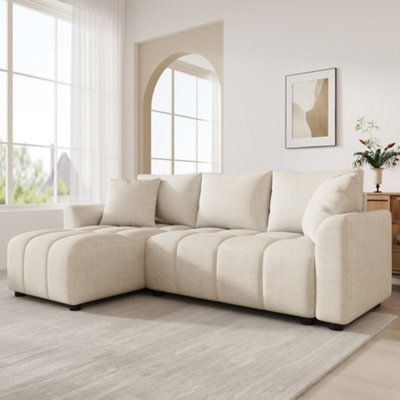 BTM Beige L Shaped Sofa, 3 Seater Chenille Corner Couch with Decorative ...