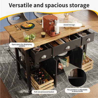 BTM Black Rolling Kitchen Island Trolley with Cabinet Three Drawers ...