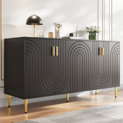 BTM Black Sideboard 152x40x75cm with Wave Design and Gold Handles ...