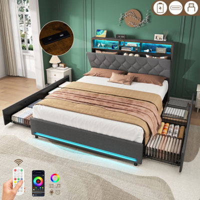 BTM Double Bed Frame with 4 Drawers, LED Button Tufted Headboard Charging Station, Grey Linen ...