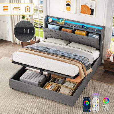 BTM Double Upholstered Bed Frame Hydraulic Storage LED Charging USB Type C Linen Grey No Box Spring