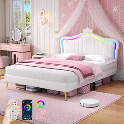 BTM Double Upholstered Bed LED Crown Headboard PU Leather Bed Frame Wood Slat Cream White Easy ...