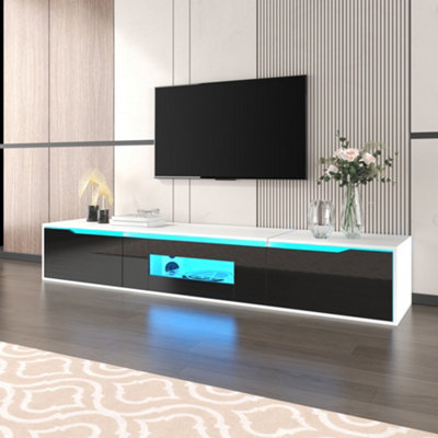 BTM High Gloss TV Cabinet in White & Black with LED Lights, Front Doors ...
