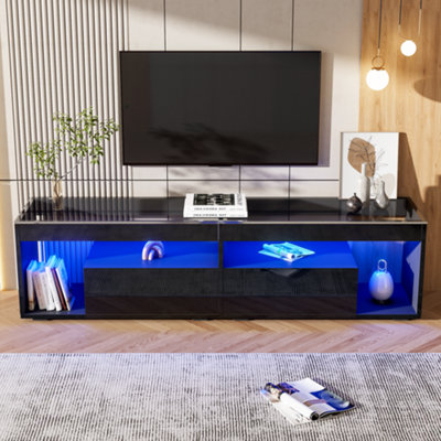 BTM High Gloss TV Stand with LED, Glass Top, 2 Drawers And Open Storage ...