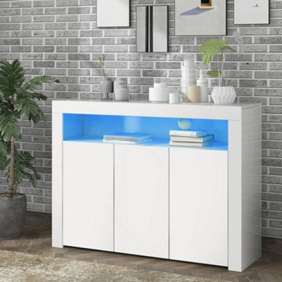 BTM High Gloss White LED Sideboard, 3 Doors, Remote Control, Modern ...