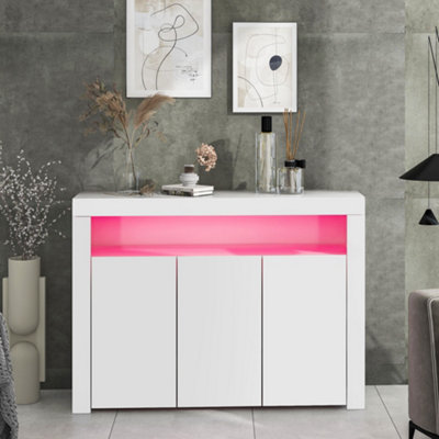 BTM HIGH GLOSS WHITE LED SIDEBOARD WITH 3 DOORS, REMOTE CONTROL, MODERN ...