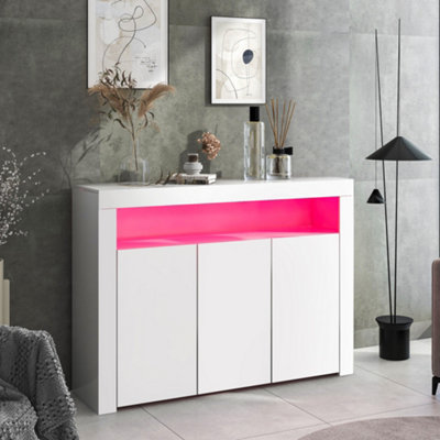 BTM HIGH GLOSS WHITE LED SIDEBOARD WITH 3 DOORS, REMOTE CONTROL, MODERN ...