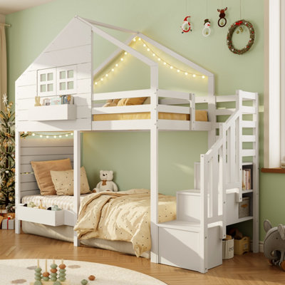 BTM Kids Bunk Loft Bed 90x190cm with Storage Stairs & Guardrail, Solid ...