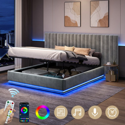 BTM King Ottoman Bed with LED Lighting, Velvet Upholstered, Hydraulic Storage, Channel Tufted ...