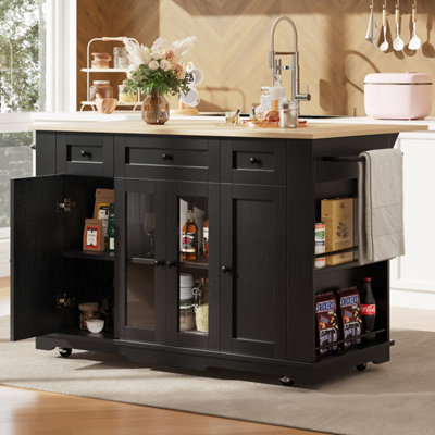 BTM Kitchen Island 151.5X60X91.7cm, Removable Partitions, Worktop Cabinet Dining Trolley ...
