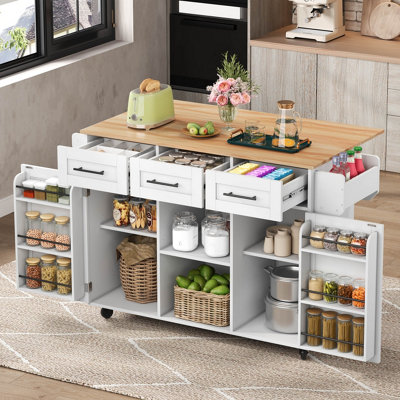 BTM Kitchen Island on Wheels with Drop Leaf Worktop 3 Drawers Storage ...