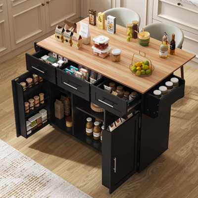 BTM Kitchen Island on Wheels with Drop Leaf Worktop 3 Drawers Storage ...