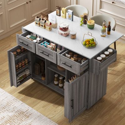 BTM Kitchen Island on Wheels with Drop Leaf Worktop 3 Drawers Storage ...