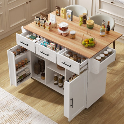BTM Kitchen Island on Wheels with Drop Leaf Worktop 3 Drawers Storage ...
