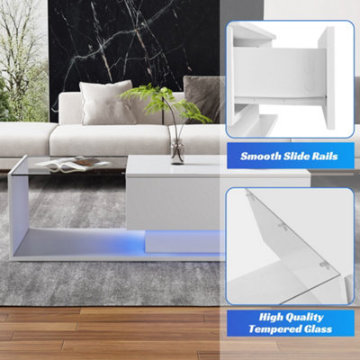 BTM LED Coffee Table, Modern High Gloss Center Table with Glass & Drawer for Living Room, White