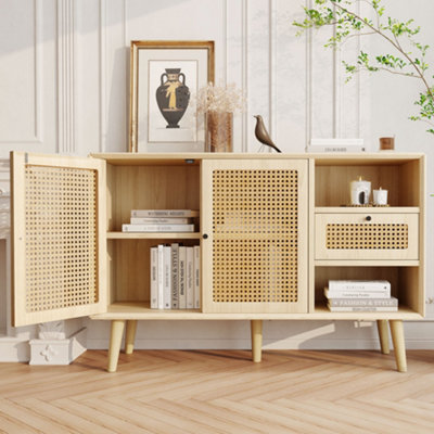 BTM LIGHT WOOD SIDEBOARD 120CM WITH WOVEN DOORS, DRAWERS & UNIQUE LEGS ...