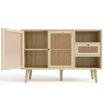 BTM LIGHT WOOD SIDEBOARD 120CM WITH WOVEN DOORS, DRAWERS & UNIQUE LEGS ...