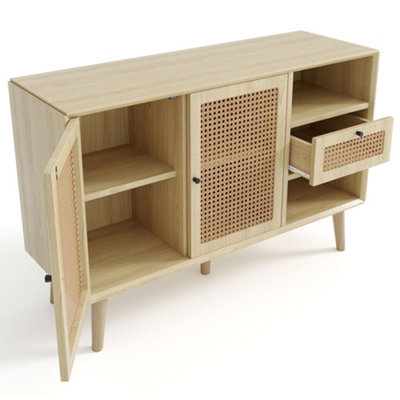 BTM Light Wood Sideboard 120cm with Woven Doors, Drawers & Unique Legs ...