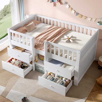 BTM Low Loft Bed 3ft Single with Storage Drawers, Solid Wood Bed Frame ...