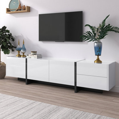 BTM Low TV Cabinet, High Gloss White & Black with Drawers, Shelves ...